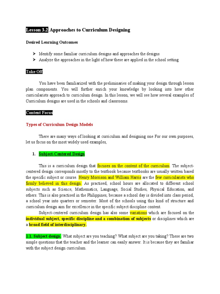 Approaches To Curriculum Designing: Lesson 3.2 | PDF | Curriculum ...