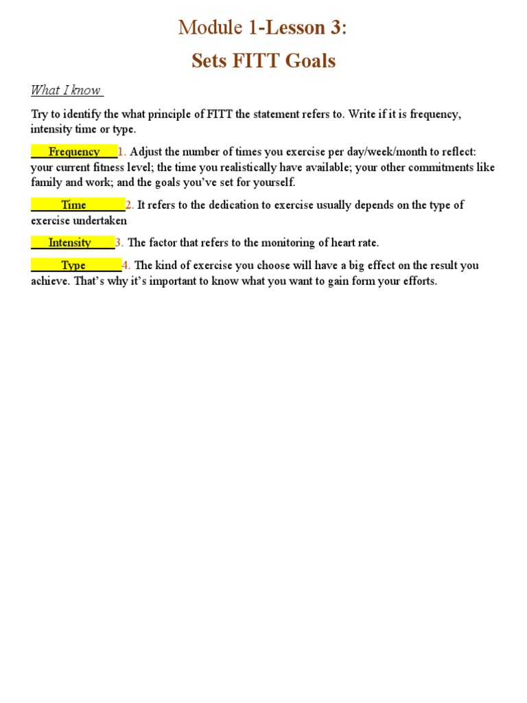 Sets FITT Goals: Module 1-Lesson 3 | PDF | Aerobic Exercise | Dances