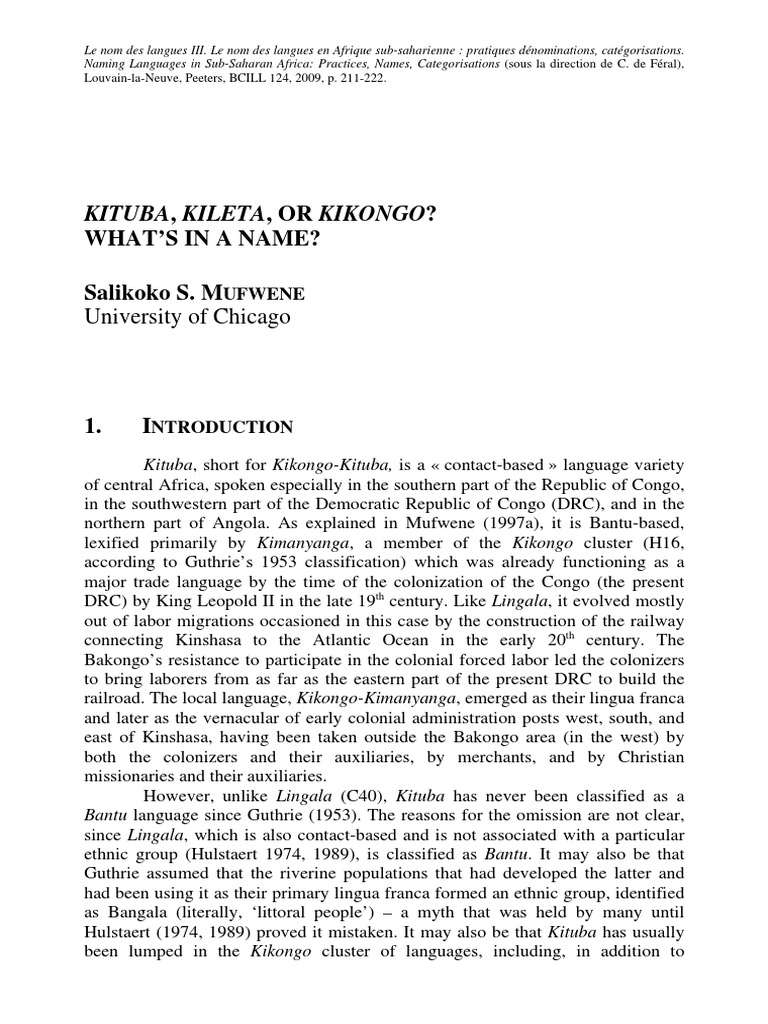 Kituba, Kileta, or Kikongo?: What'S in A Name? Salikoko S. M | PDF ...
