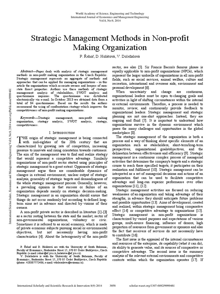 Strategic Management Methods in Non Profit Making Organization | PDF ...