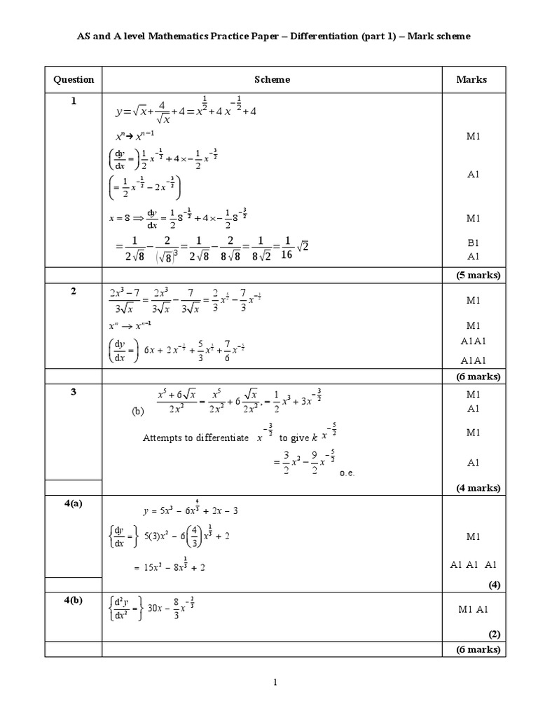 AS Mathematics - Practice Paper - Differentiation (Part 1) MS | PDF | Functions And Mappings ...