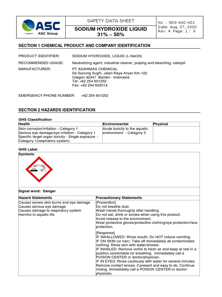 01 SDS LCS R4 2020 | PDF | Dangerous Goods | Sodium Hydroxide