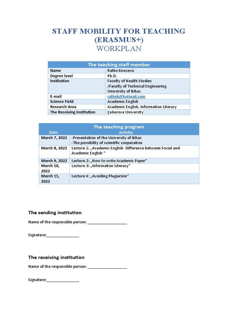 Staff Mobility For Teaching (Erasmus+) : Workplan | PDF