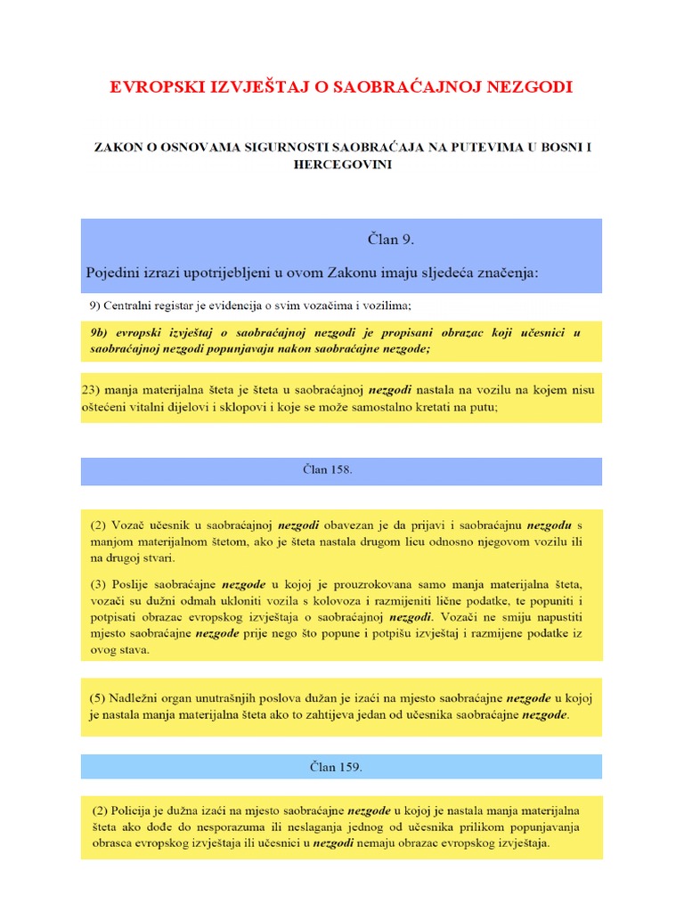 Evropski Izvještaj o Saobraćajnoj Nezgodi | PDF