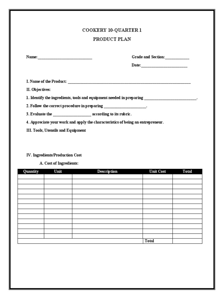 Cookery 10-Quarter 1 Product Plan: Quantity Unit Description Unit Cost ...