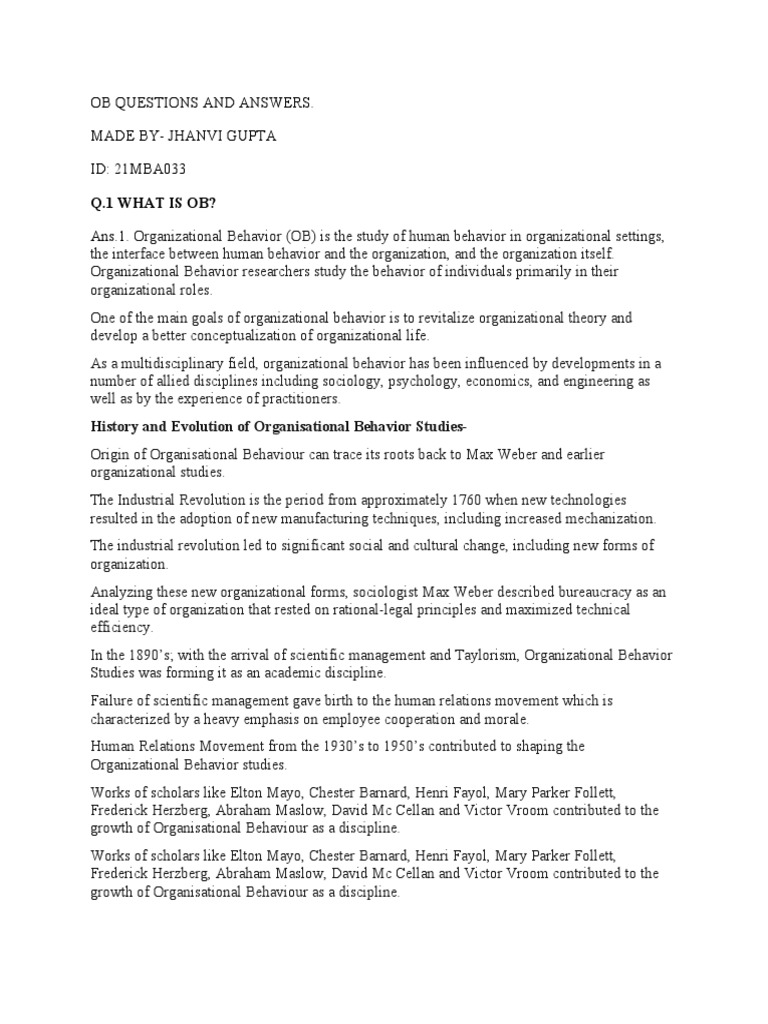 Ob Questions and Answers-1 | PDF | Organizational Behavior | Psychology