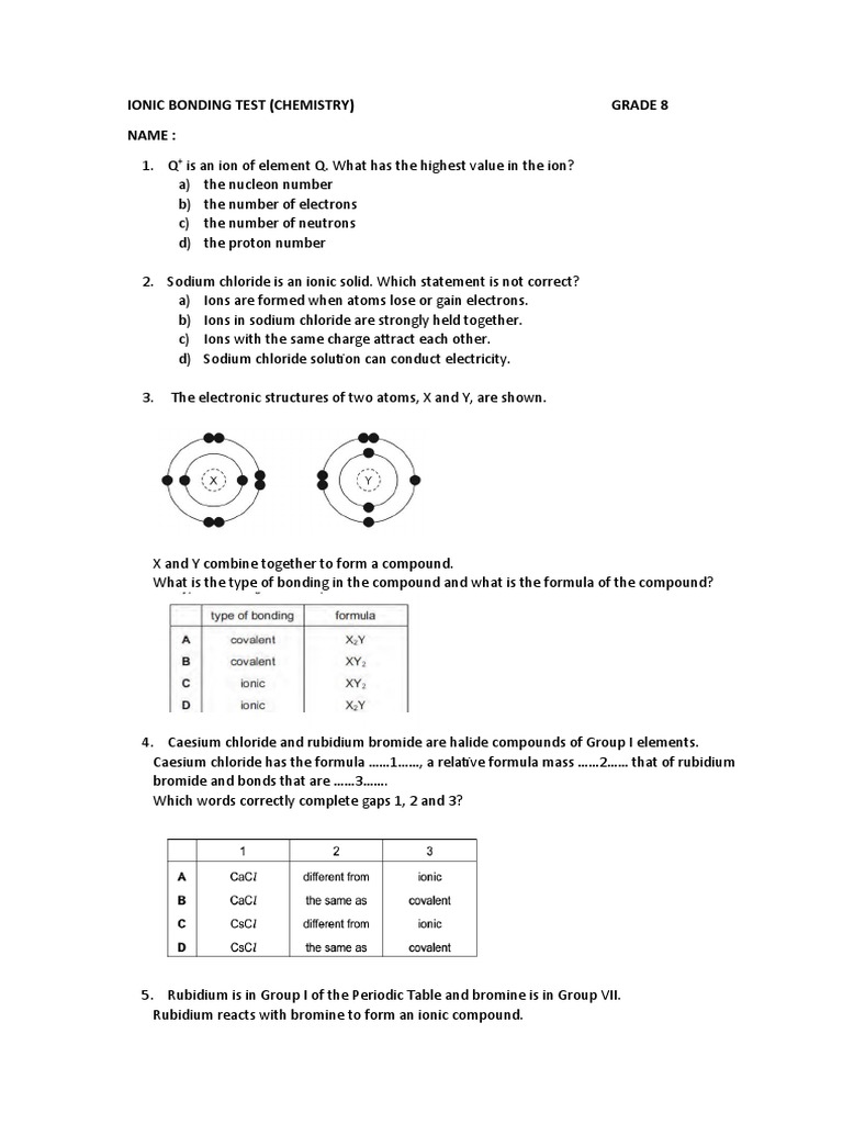 Grade 8 Ionic Bonding Test | PDF | Ion | Chemical Compounds