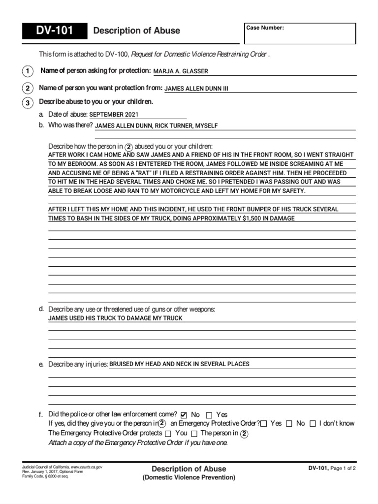 Dv-101 Description of Abuse | PDF | Restraining Order | Legal Action