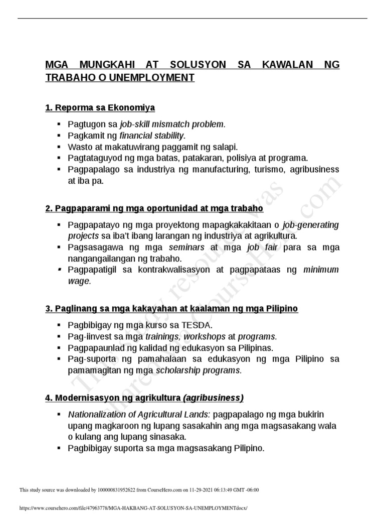 Mga Hakbang at Solusyon Sa Unemployment | PDF
