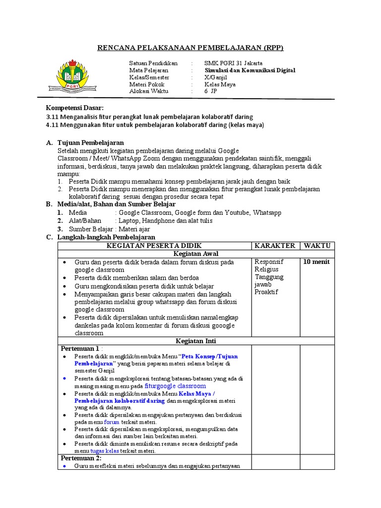 RPP 1 Pembelajaran Kolaboratif Daring | PDF