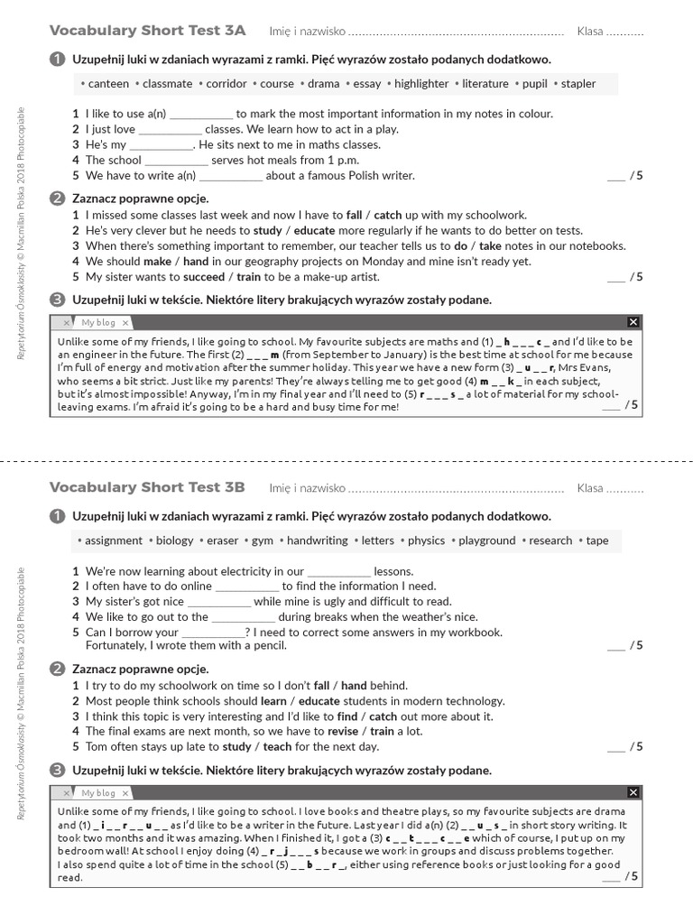 (Unit 3) Short Vocabulary Tests (A - B) | PDF