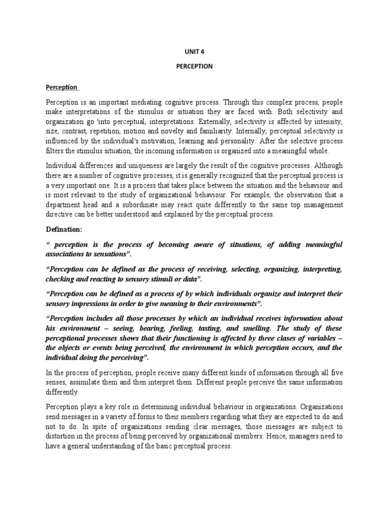 Unit 4 Perception Perception: Defination | PDF | Perception | Stereotypes