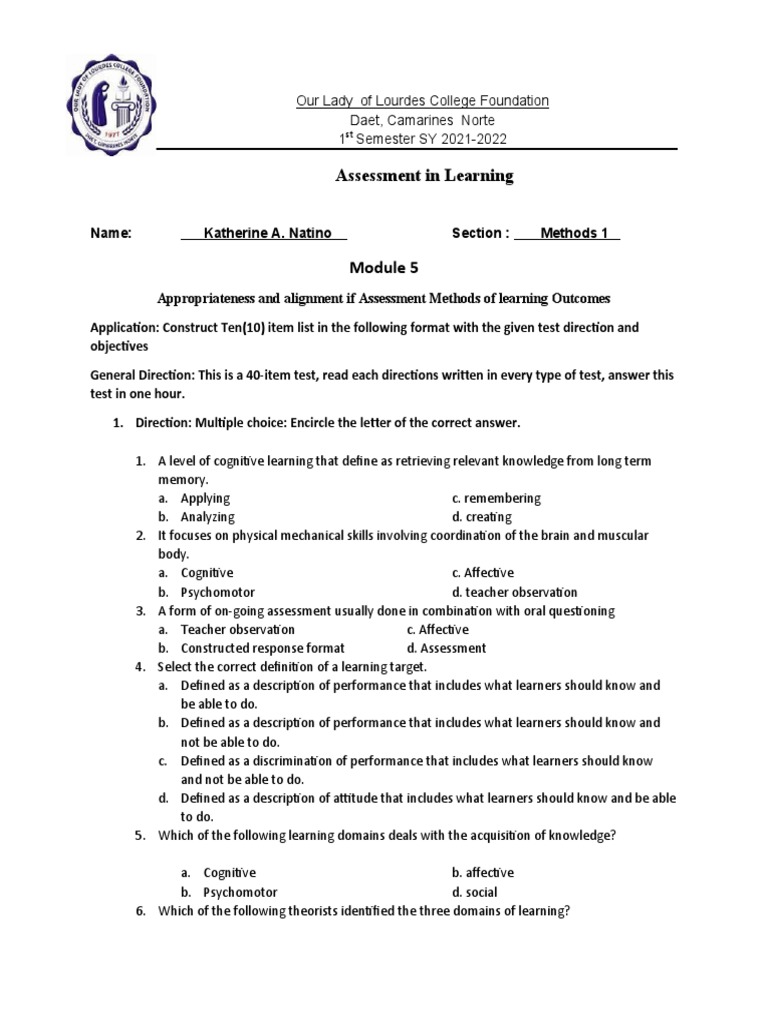 Module 5 Answer Assessment of Learning | PDF | Educational Assessment ...