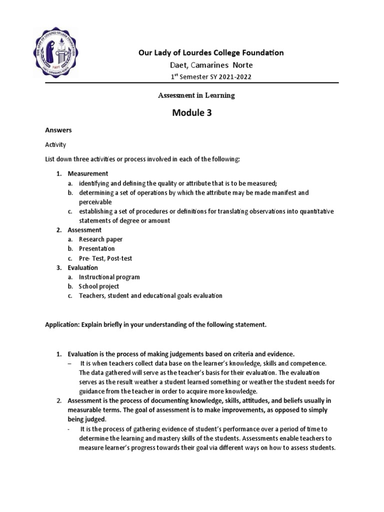 Module 3 Answer - Assessment of Learning | PDF | Educational Assessment ...