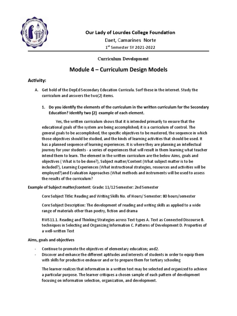Curriculum Dev Module 4 Answers | PDF | Curriculum | Learning