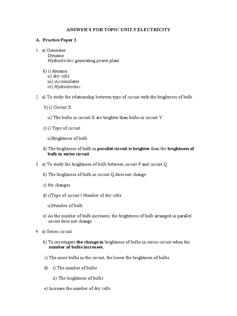 Electricity Unit 5 Practice Answers | PDF | Series And Parallel ...