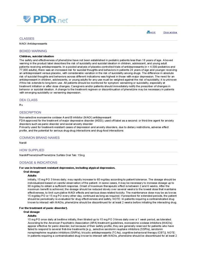 Nardil (Phenelzine Sulfate) Dose, Indications, Adverse Effects ...