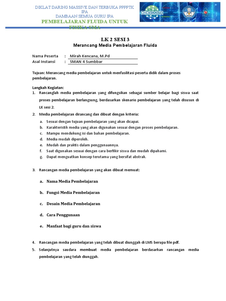 Mirah Kencana - Tugas LK 2 Sesi 3 - Merancang Media Pembelajaran Fluida | PDF