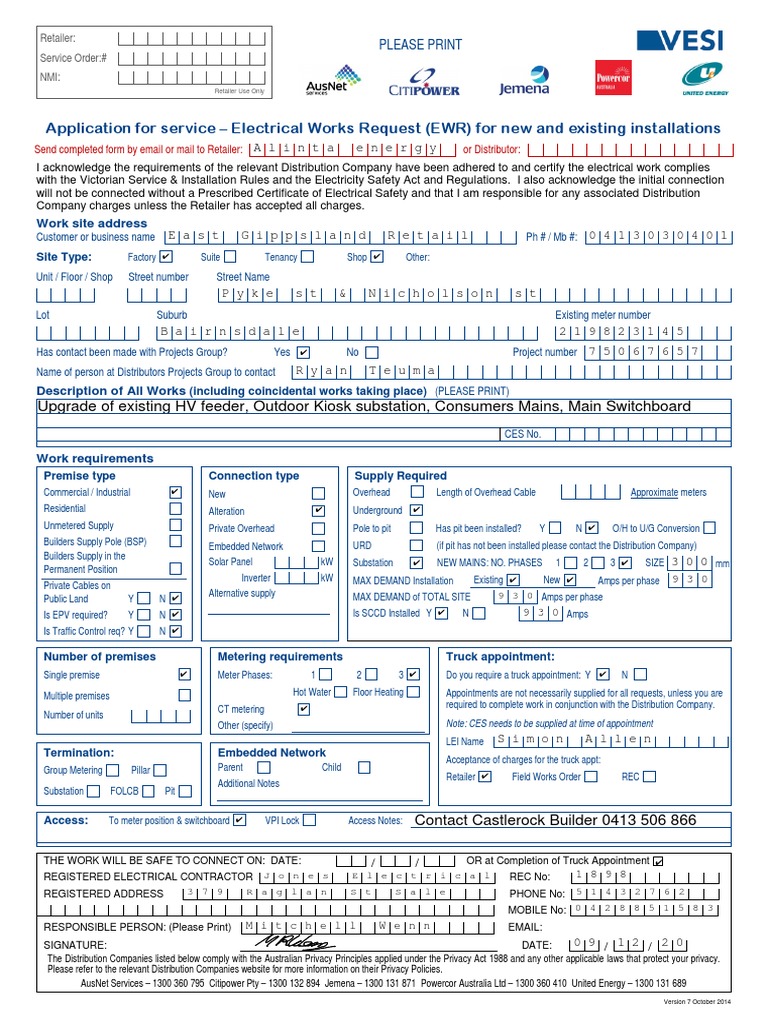 Application For Service - Electrical Works Request (EWR) For New and ...