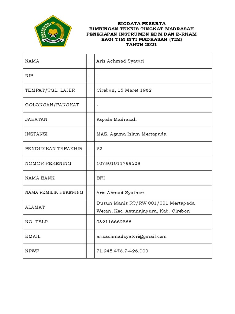 BIODATA Peserta (Rombel 12 - Aris Achmad Syatori) | PDF