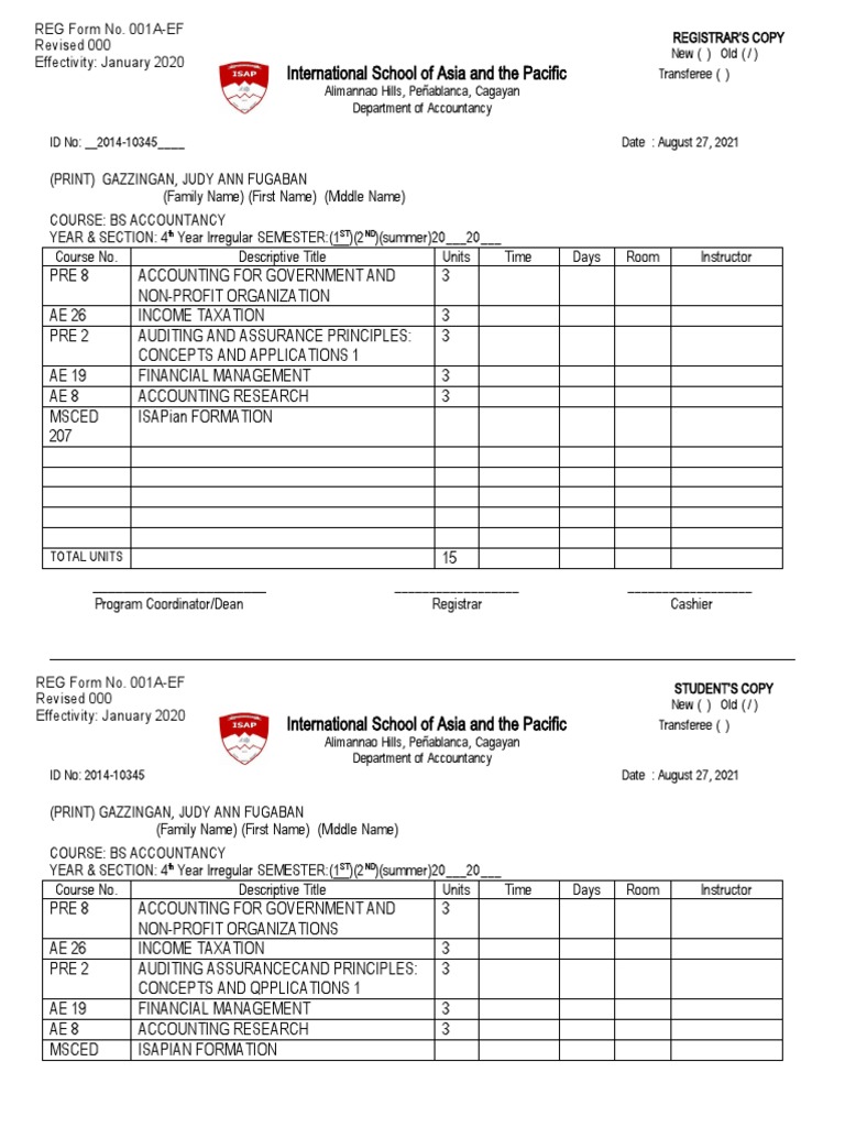 ISAP-Enrollment-Form - Gazzingan, Judy Ann Fugaban | PDF | Tuition ...