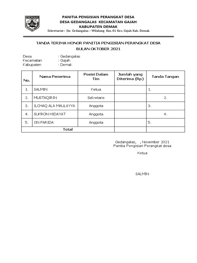 Tanda Terima Honor Panitia Pilprades | PDF