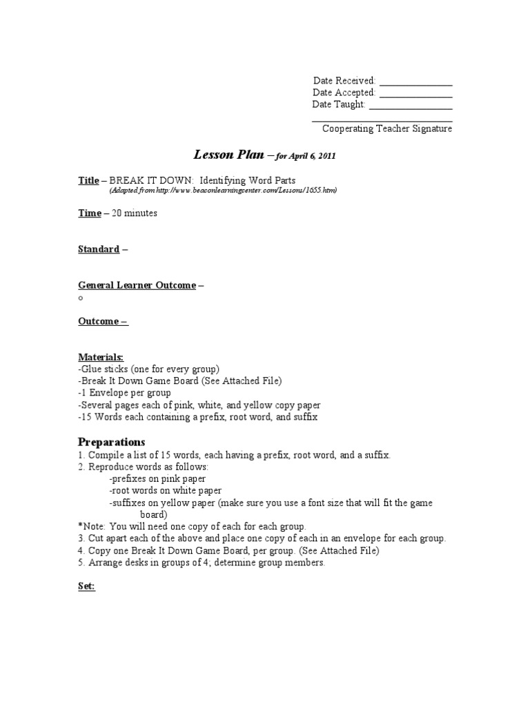 Lesson Plan - : Title - BREAK IT DOWN: Identifying Word Parts Time - 20 ...