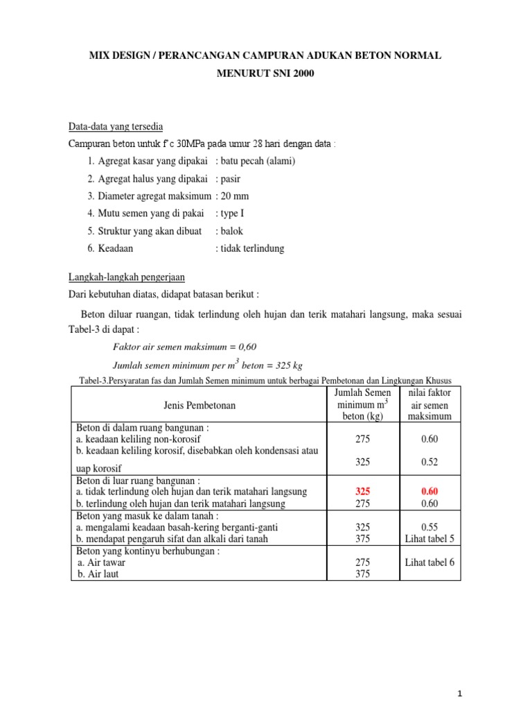 Mix Design Beton FC 30 MPa SNI 2000 | PDF