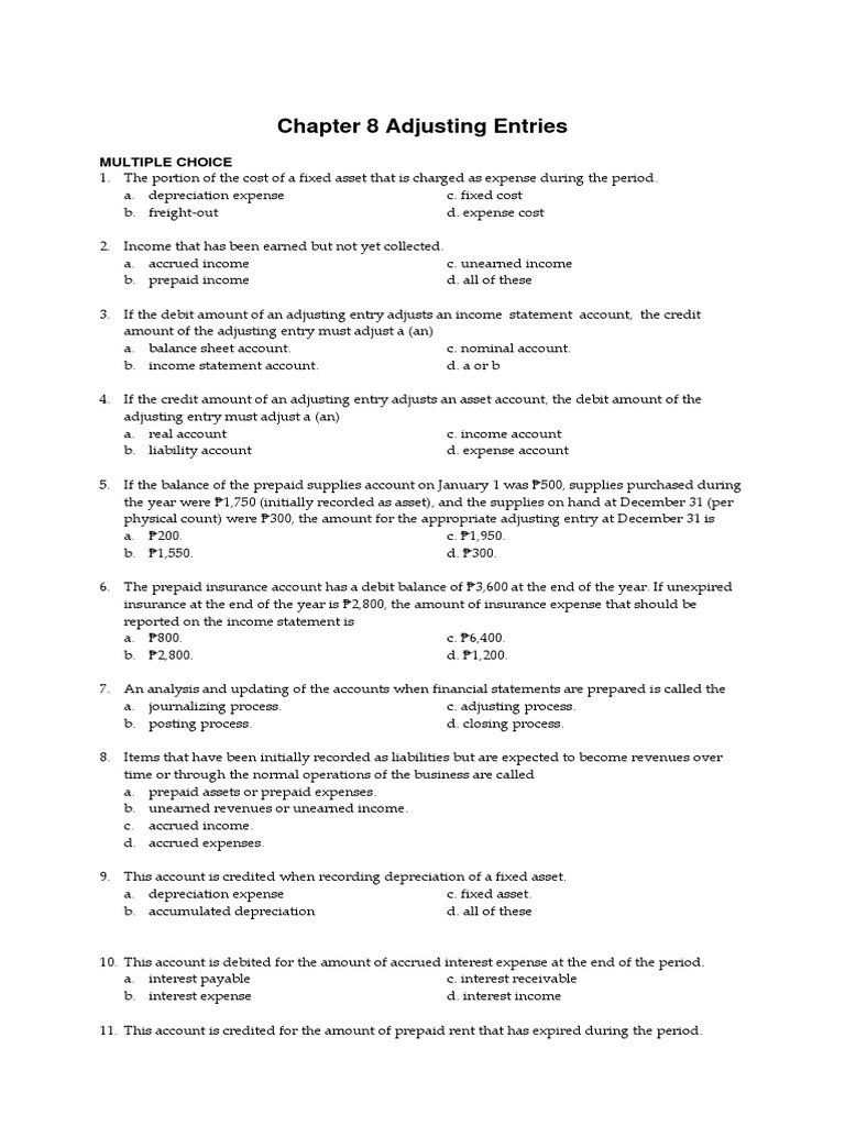 Chapter 8 Adjusting Entries Multiple Choice | PDF | Debits And Credits ...