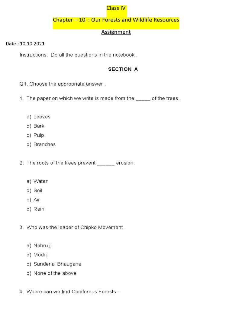 Class 4 Forests and Wildlife Resources Worksheet | PDF | Trees | Forests