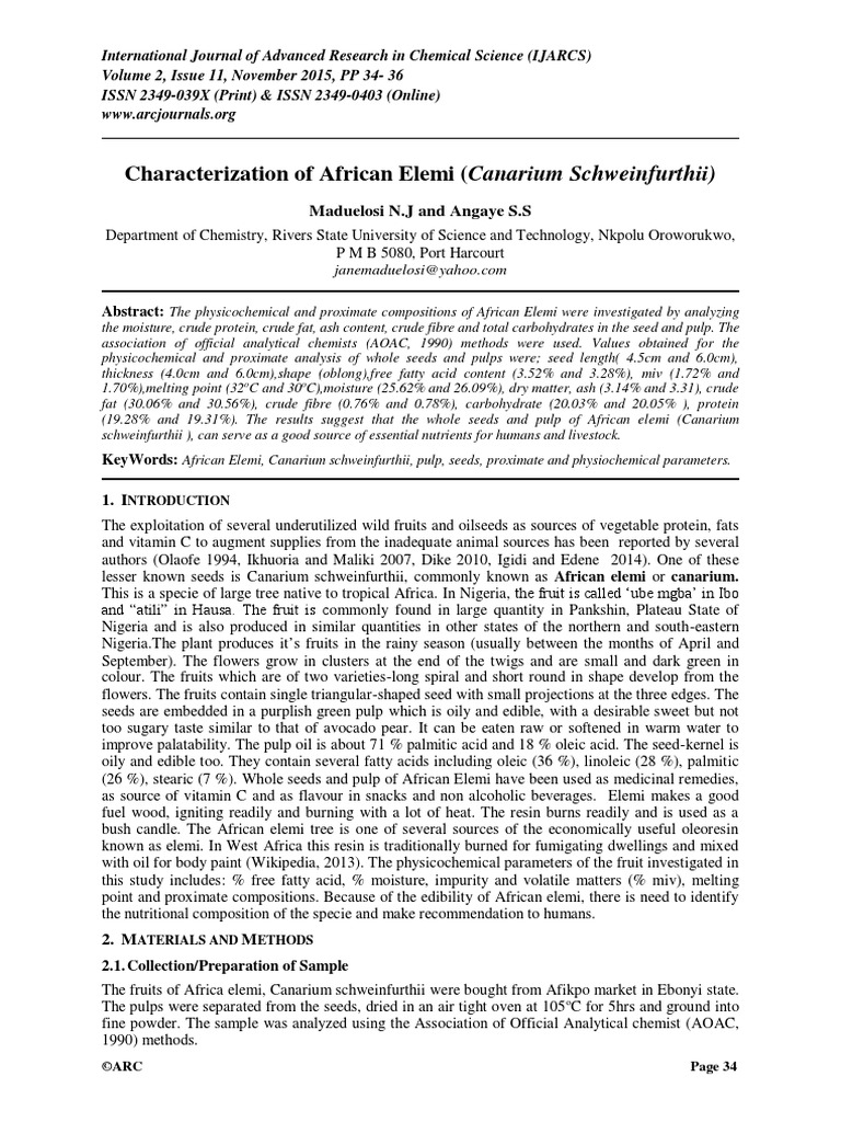 Characterization of African Elemi (Canarium Schweinfurthii) : Maduelosi ...