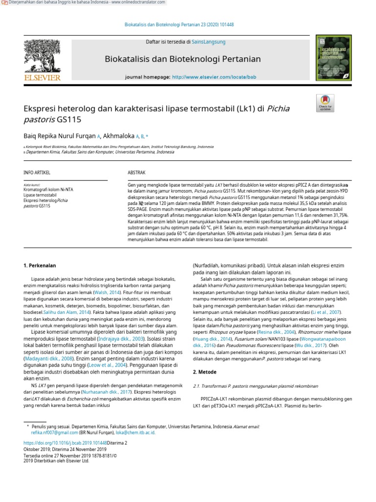 Heterologous Expression and Characterization of Thermostable Lipase (Lk1) in Pichia Pastoris ...