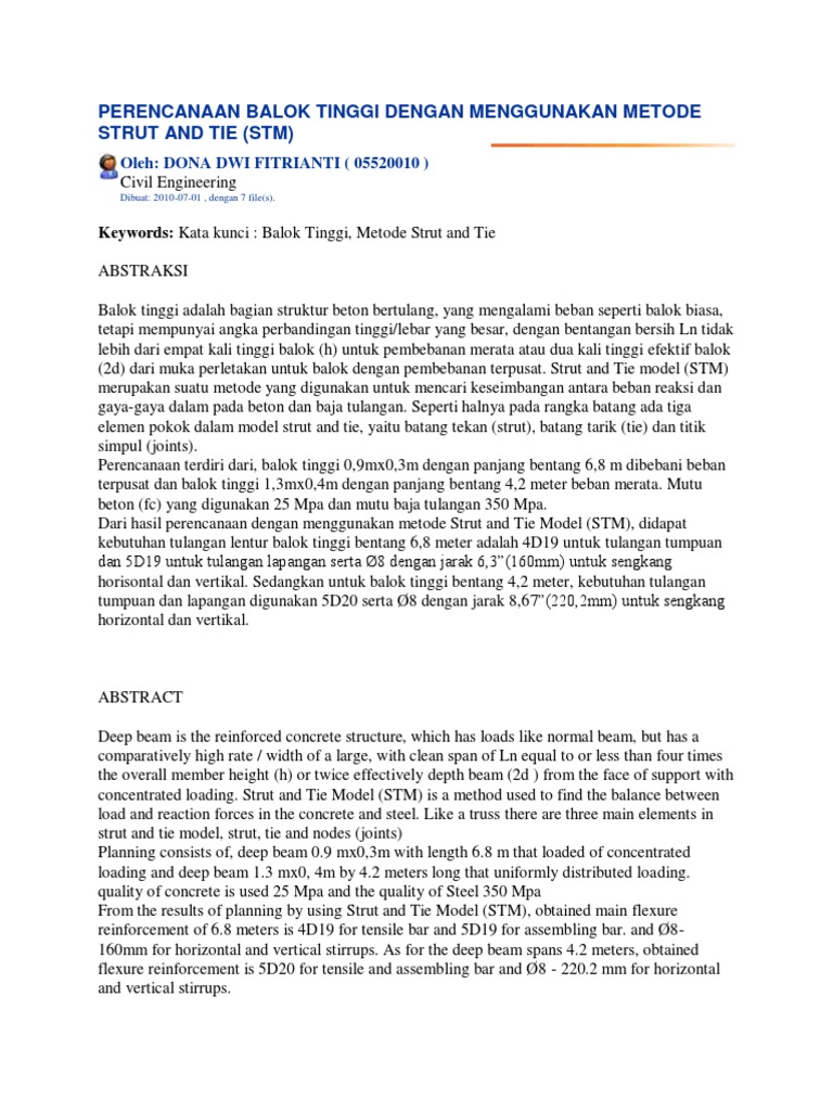 Perencanaan Balok Tinggi Dengan Menggunakan Metode Strut and Tie (STM) | PDF