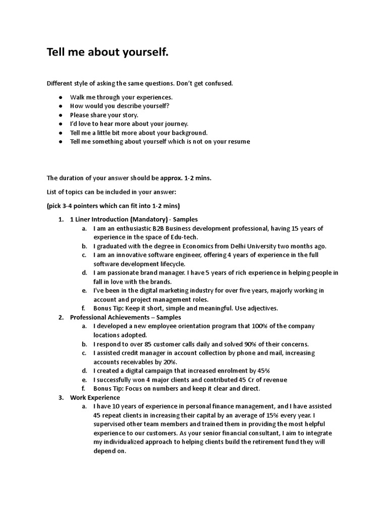 Sample Answers - Tell Me About Yourself - Focus With Tokas | PDF ...