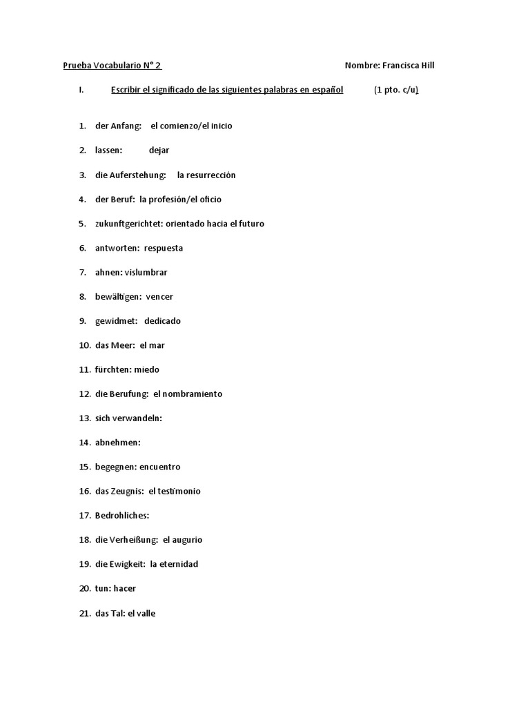 Prueba de Vocabulario en Español | PDF