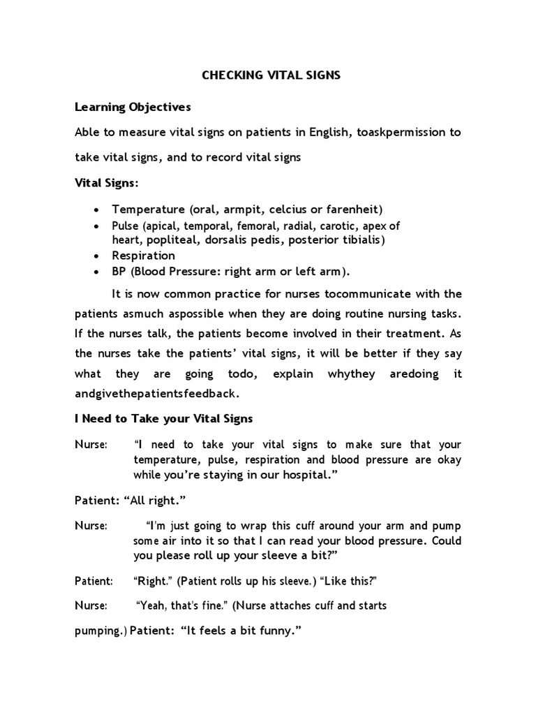 Checking Vital Signs Learning Objectives | PDF | Angiology | Medicine
