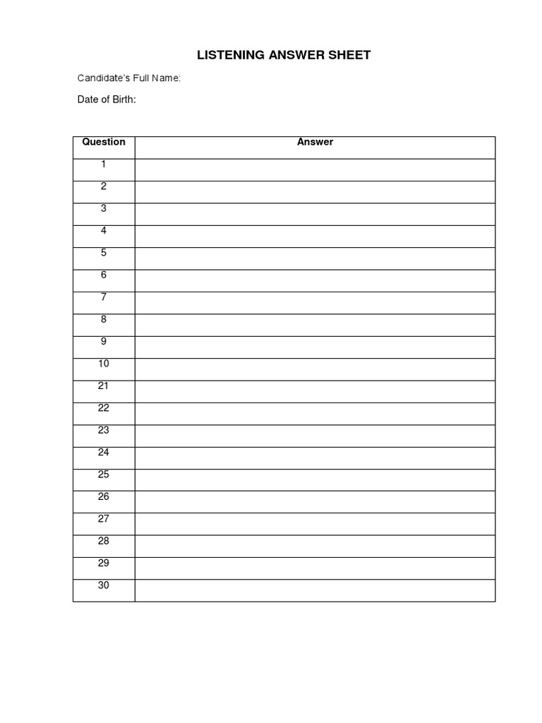 IELTS 0116 Placement Test - Listening Answer Sheet | PDF