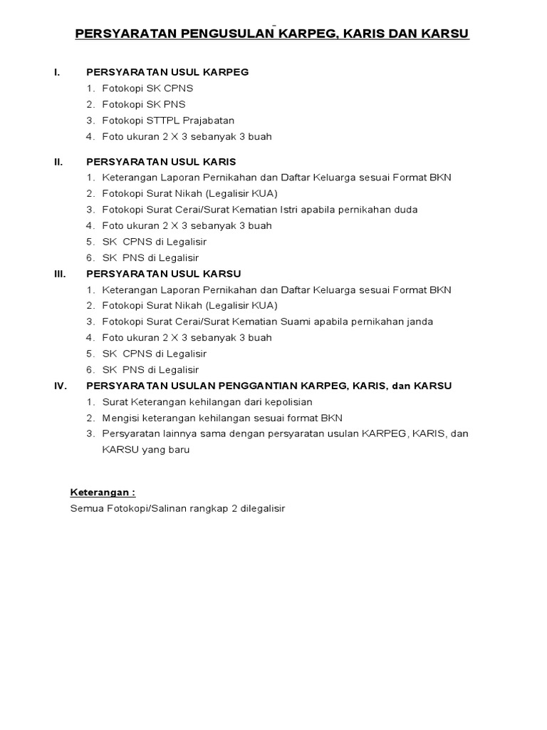 Persyaratan Karpeg Karis Karsu SUKARNI | PDF