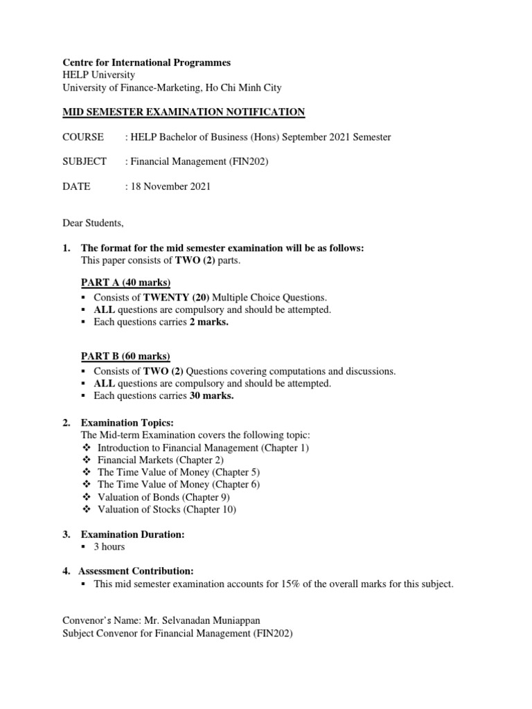 FIN202 Mid-Semester Exam Details | PDF | Business | Finance & Money ...