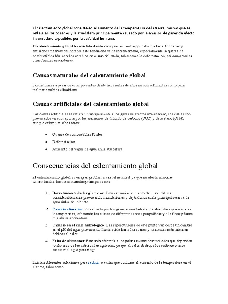 El Calentamiento Global Consiste en El Aumento de La Temperatura de La ...