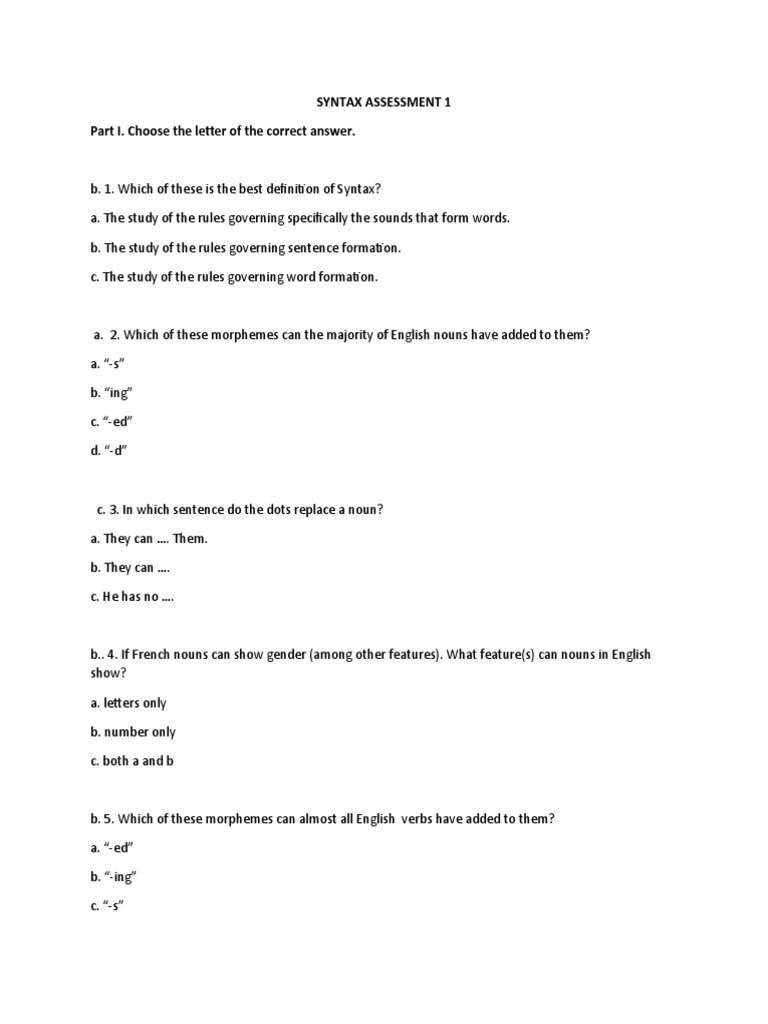 Syntax Assessment 1 Part I. Choose The Letter of The Correct Answer ...