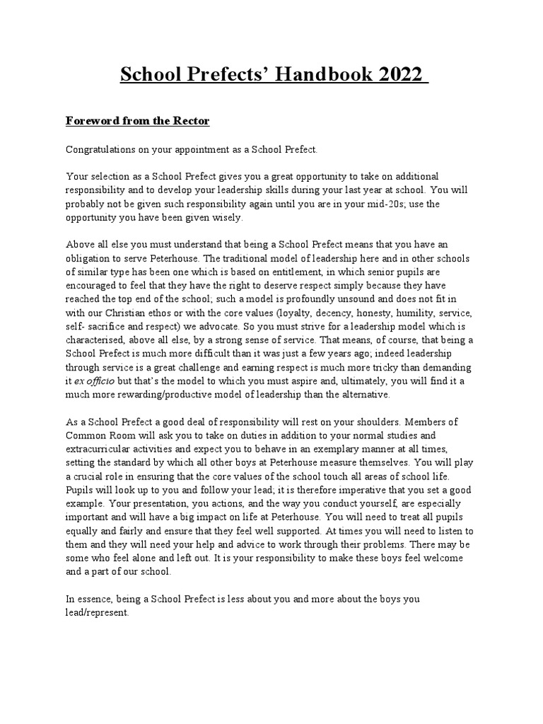 School Prefects Handbook 2022 | PDF | Sports | Leadership