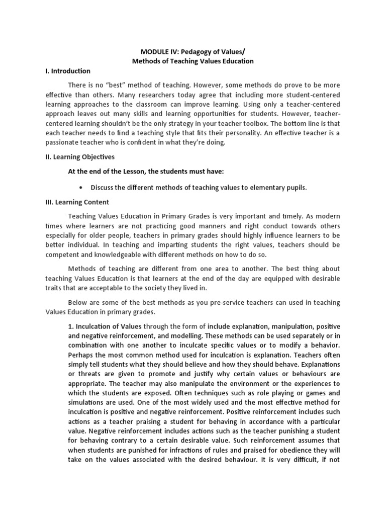 MODULE IV: Pedagogy of Values/ Methods of Teaching Values Education ...