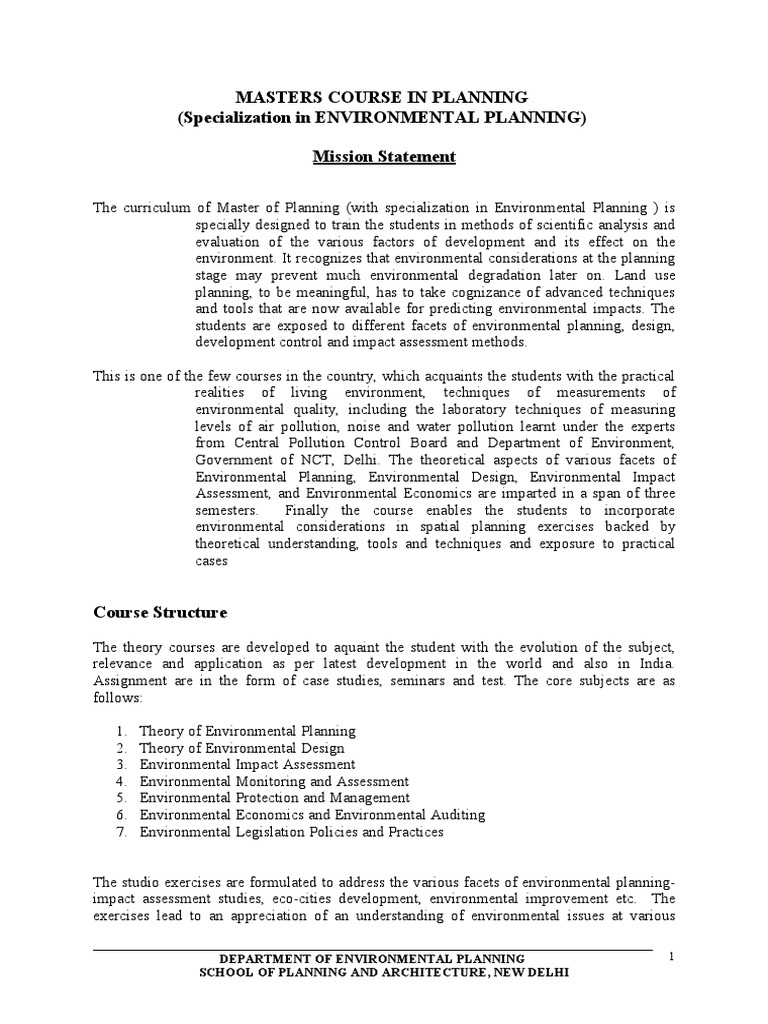 Masters Course in Planning (Specialization in ENVIRONMENTAL PLANNING ...