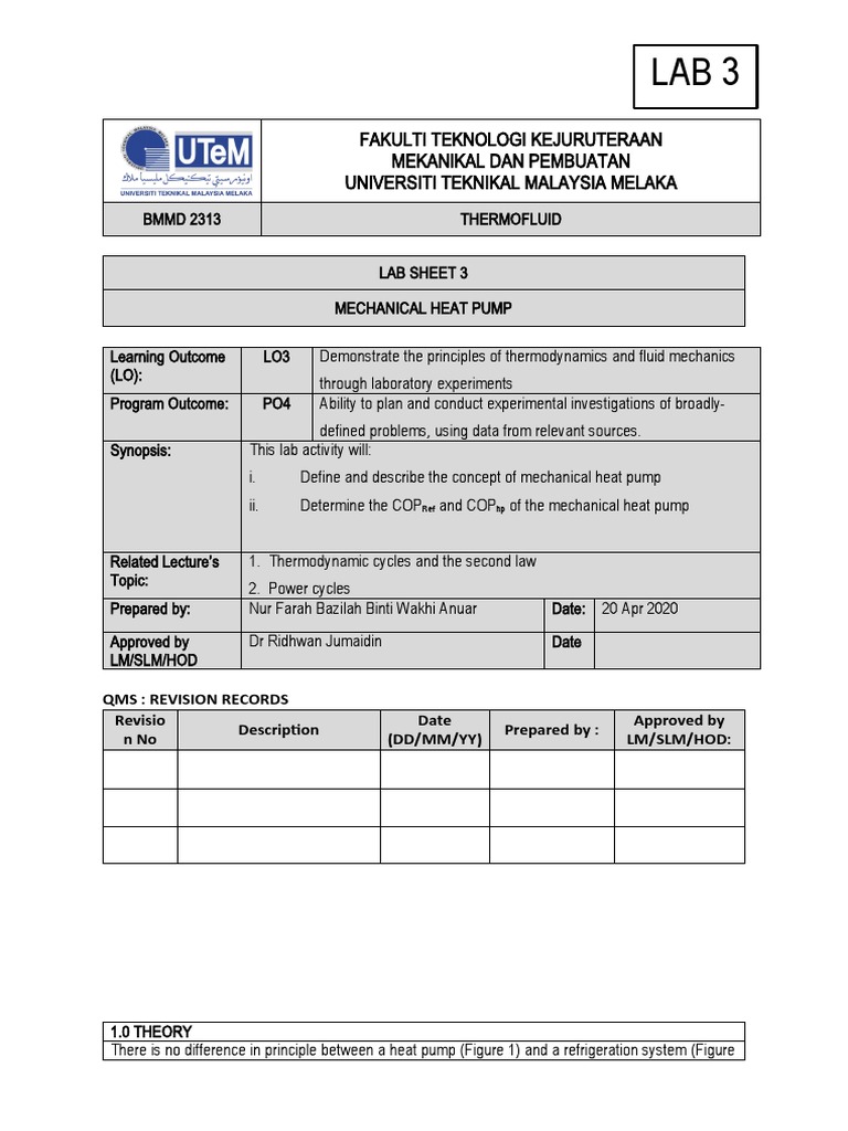 LAB 3 SHEET - MECHANICAL HEAT PUMP 2020 - Group 1 | PDF | Heat Pump ...