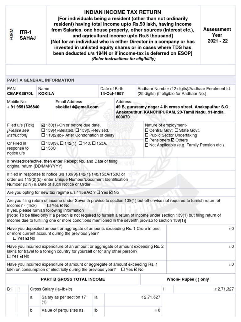 Indian Income Tax Return: (Refer Instructions For Eligibility) | PDF ...