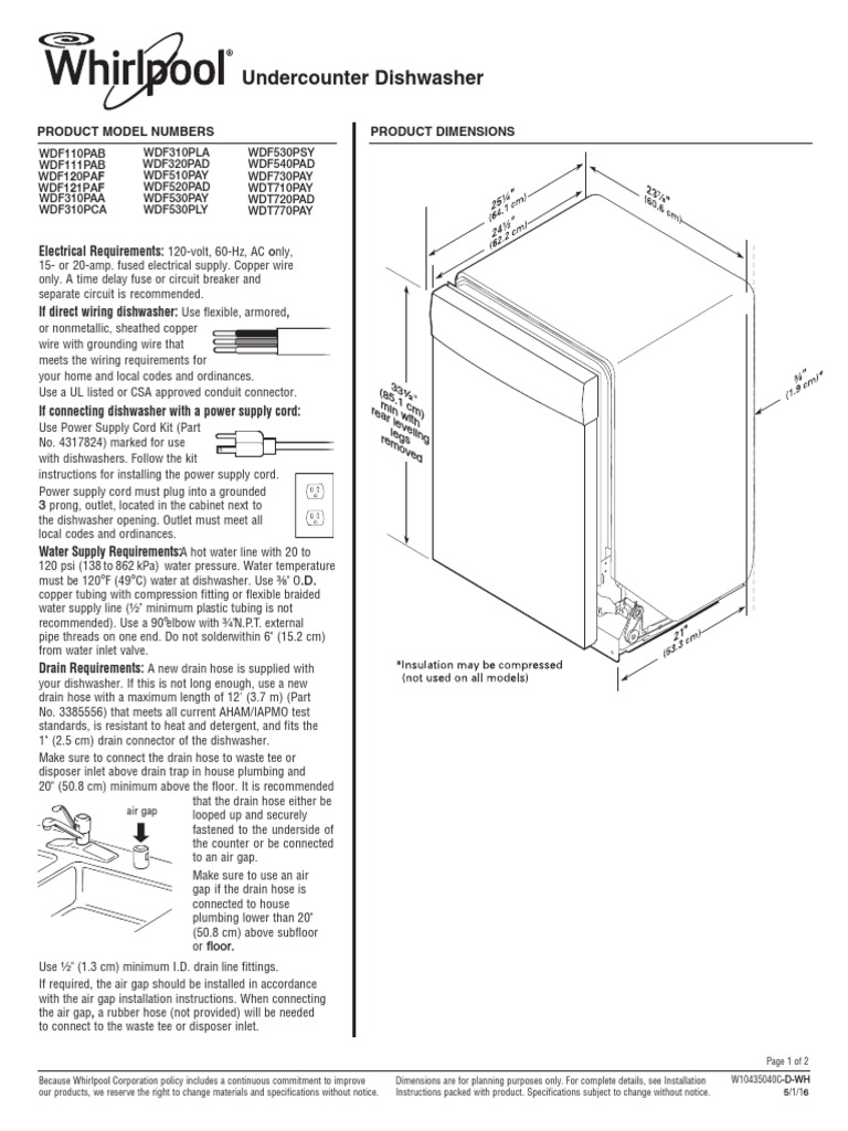 WHIRLPOOL dimension-guide-W10435040-D-WH | PDF | Dishwasher | Power Supply