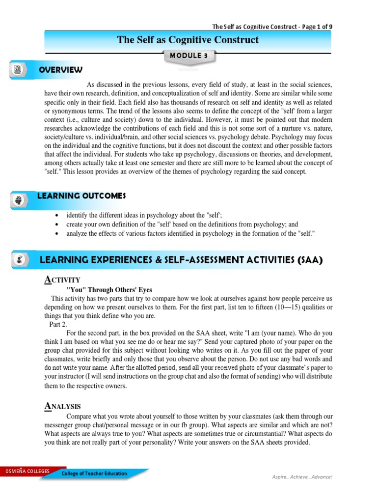 The Self As Cognitive Construct: Learning Experiences & Self-Assessment Activities (Saa) | PDF ...