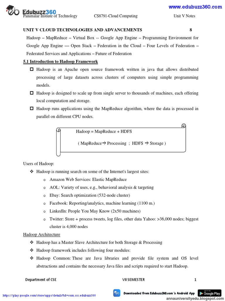 Cs8791 Cloud Computing Unit 5 Notes Pdf Apache Hadoop Map Reduce