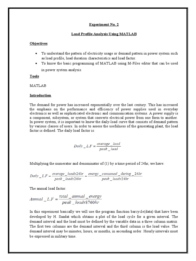 Experiment No. 2 Load Profile Analysis Using MATLAB Objectives | PDF | Matlab | Subroutine